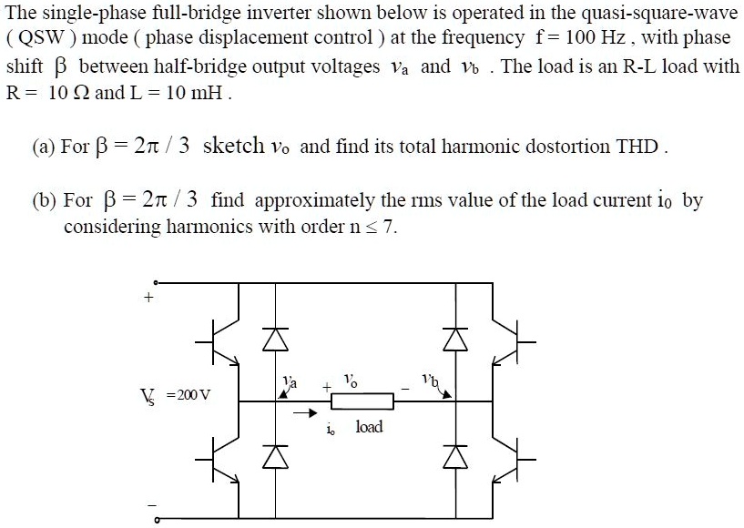 The single-phase full-bridge inverter shown below is operated in the quasi-square-wave QsW mode ...
