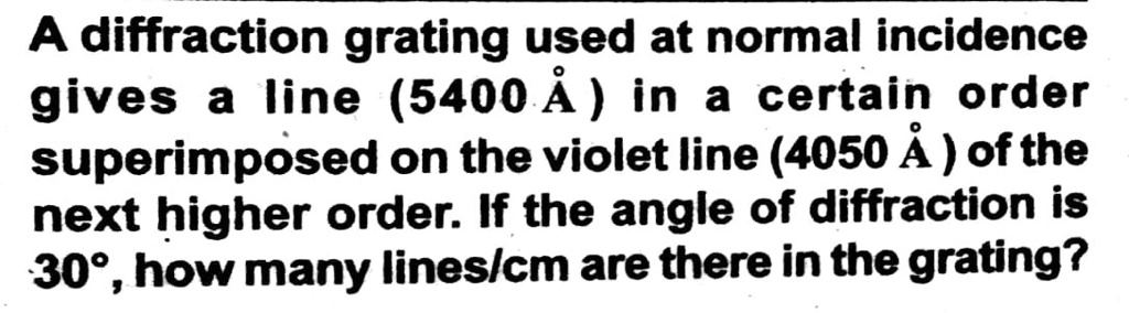 a diffraction grating used at normal incidence gives a line 5400 a in a ...