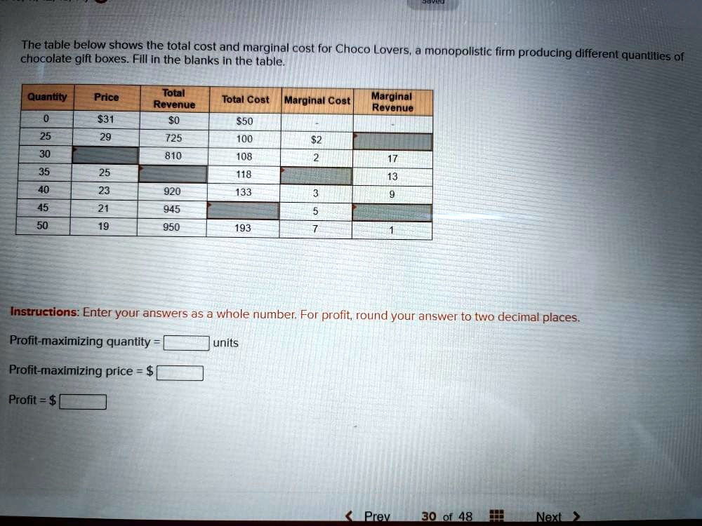 SOLVED: The table below shows the total cost and marginal cost for Choco Lovers,a monopolistic ...
