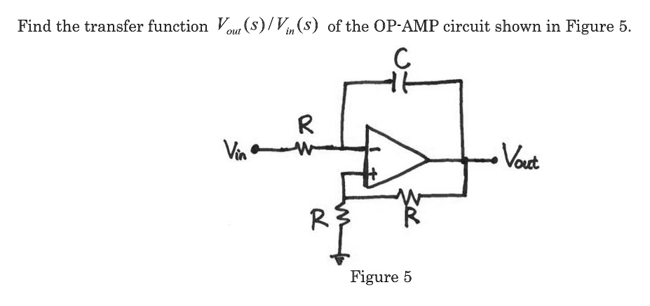 SOLVED: Find the transfer function Vout(s)/Vin(s) of the OP-AMP circuit shown in Figure 5. Vin R ...