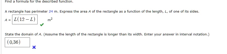 find formula for the described function a rectangle has perimeter 24 m ...