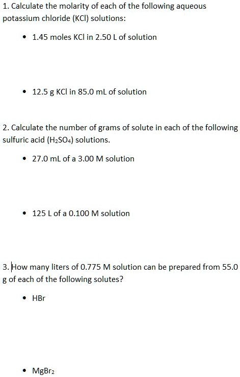 1 calculate the molarity of each of the following aqueous potassium chloride kci solutions 145 ...