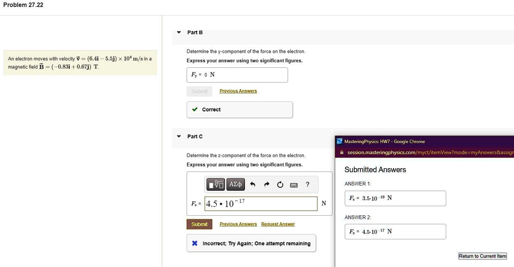 SOLVED: Problem 27.22 Determine the y-component of the force on the electron. Express your ...
