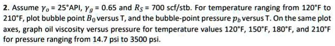 SOLVED: Assume Yo = 25 API, Yg = 0.65, and Rs = 700 scf/stb. For ...