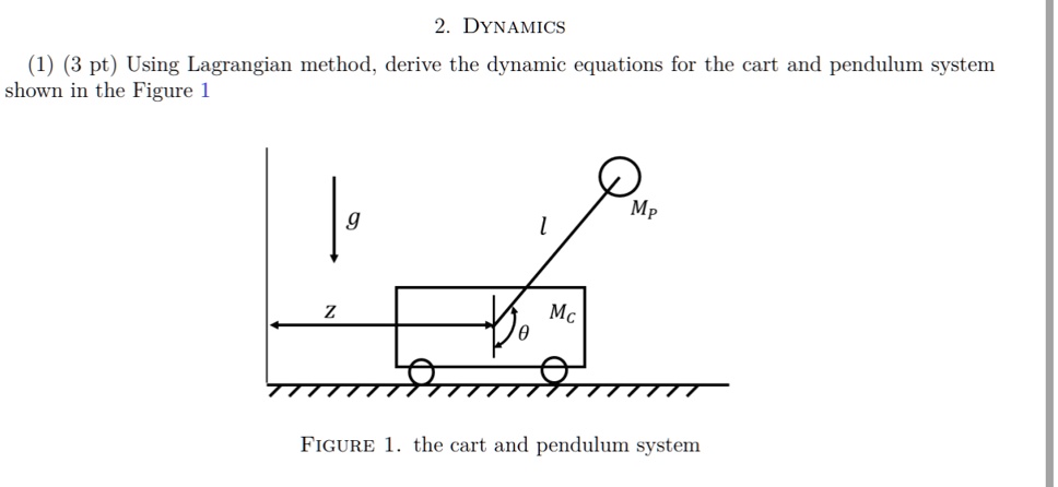 Dynamics (1) (3 pt) Using Lagrangian method, derive the dynamic equations for the cart and ...