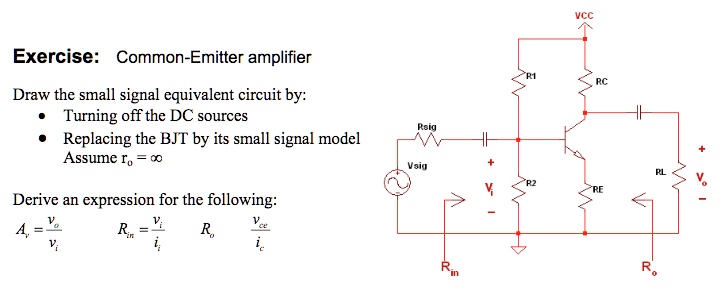 Exercise: Common-Emitter amplifier Draw the small signal equivalent circuit by: • Turning off ...