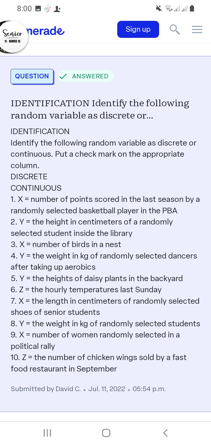 8: 00 ∫2 Senior nerade Sign up QUESTION ANSWERED IDENTIFICATION Identify the following random ...