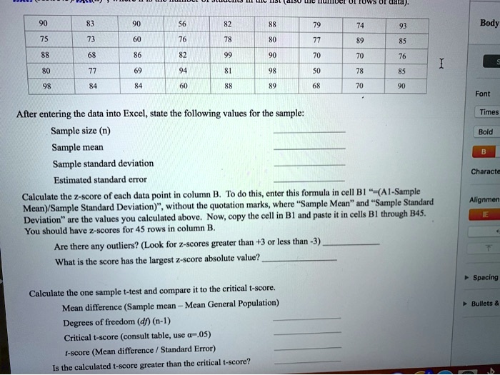 SOLVED: After entering the data into Excel, state the following values for the sample: - Sample ...