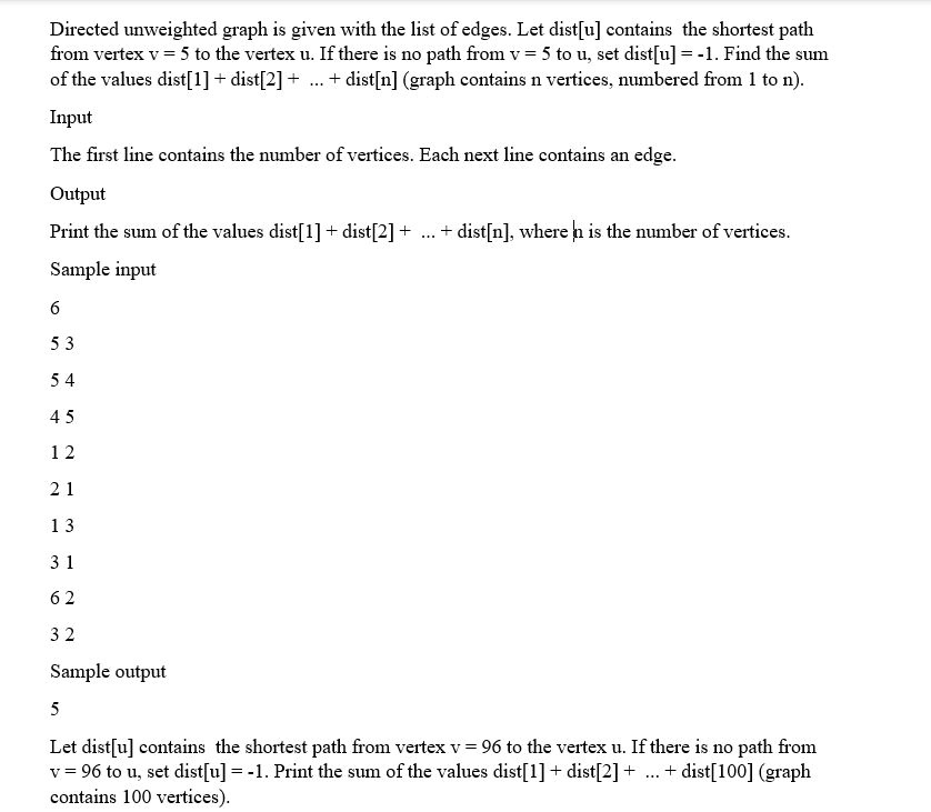 SOLVED: write in c Directed unweighted graph is given with the list of edges.Let dist[u ...