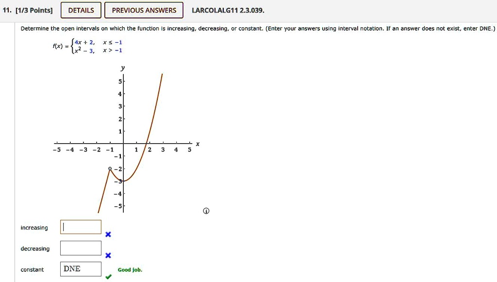 11. [1/3 Points] DETAILS PREVIOUS ANSWERS LARCOLALG11 2.3.039. Determine the open intervals on ...