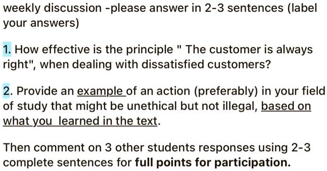 weekly discussion -please answer in 2-3 sentences (label your answers ...