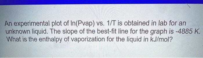 SOLVED: An experimental plot of ln(Pvap) vs. 1/T is obtained in the lab for an unknown liquid ...