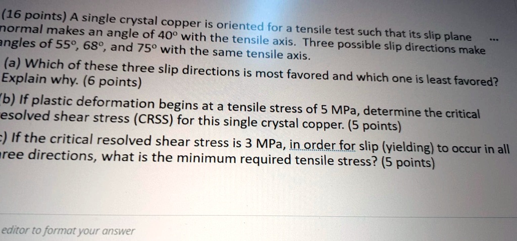 SOLVED: A single crystal copper is oriented for a tensile test such ...