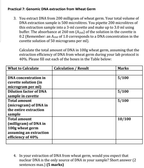 Practical 7: Genomic DNA extraction from Wheat Germ 3. You extract DNA ...