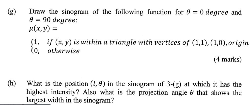 (g) Draw the sinogram of the following function for θ = 0 degree and θ ...