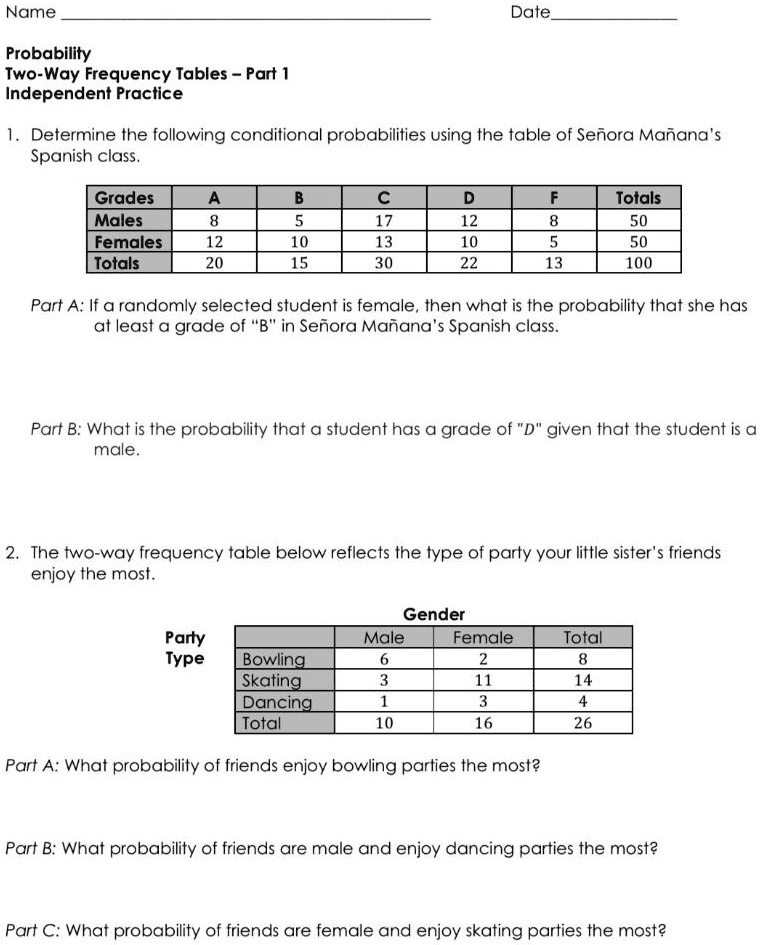 SOLVED:Name Date_ Probability Two Way Frequency Tables Part Independent ... SOLVED:Name Date_ Probability Two Way Frequency Tables Part Independent ...