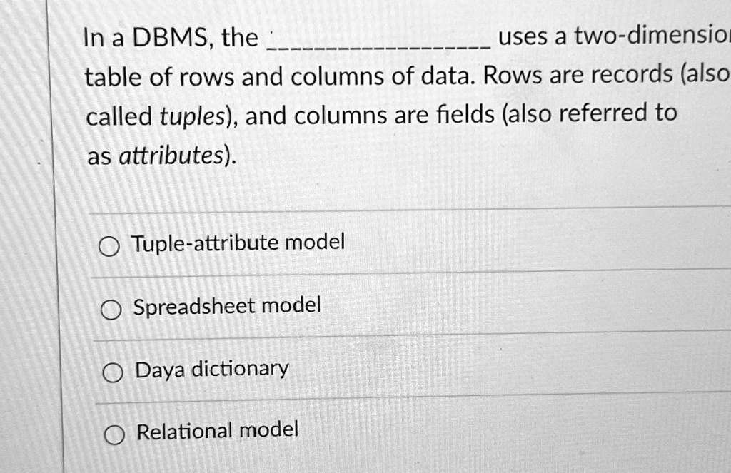 In a DBMS, the uses a two-dimensional table of rows and columns of data ... In a DBMS, the uses a two-dimensional table of rows and columns of data ...