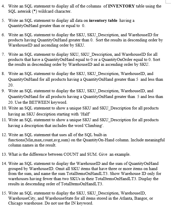 Solved Write An Sql Statement To Display All Of The Columns Of The Inventory Table Using The