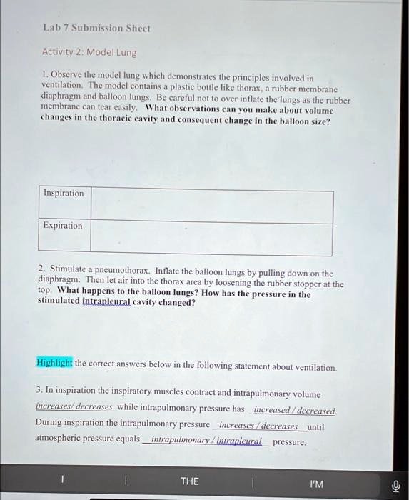 Lab 7 Submission Sheet Activity 2: Model Lung 1. Observe the model lung ...