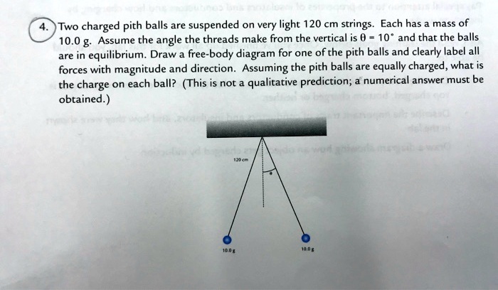 SOLVED: Two charged pith balls , are suspended on very light 120 cm ...