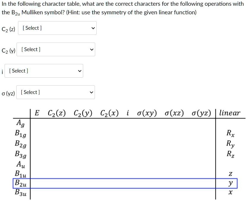 SOLVED: In the following character table, what are the correct characters for the following ...