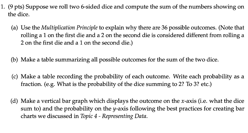 SOLVED:1_ pts) Suppose we roll two 6-sided dice and compute the sum of the numbers showing on ...
