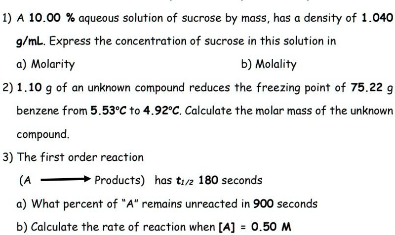 SOLVED: A 10.00% aqueous solution of sucrose by mass has a density of 1 ...