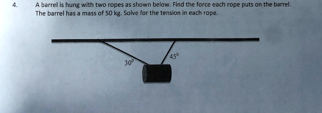 4. A barrel is hung with two ropes as shown below. Find the force each ...