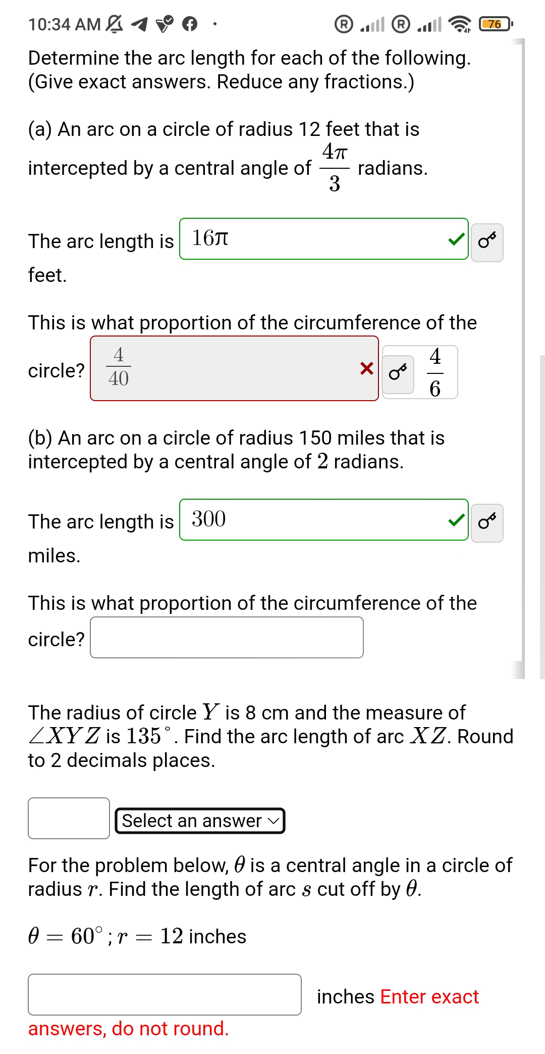 10:34 AM / 180. Determine the arc length for each of the following ...