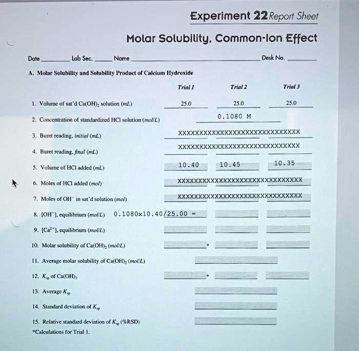 SOLVED: Experiment 22 Report Sheet Molar Solubility; Common-Ion Effect Name: Desk No: Date: Lab ...