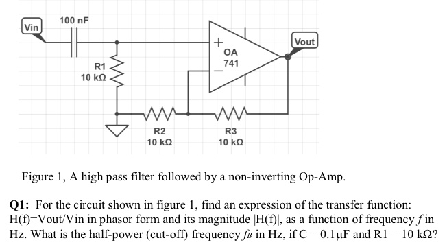 100 nF Vin R1 10 ?? + Vout OA 741 R2 10 ?? R3 10 ?? Figure 1, A high pass filter followed by a ...