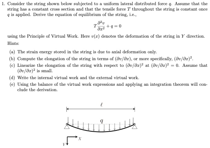 1. Consider the string shown below subjected to a uniform lateral distributed force q. Assume ...
