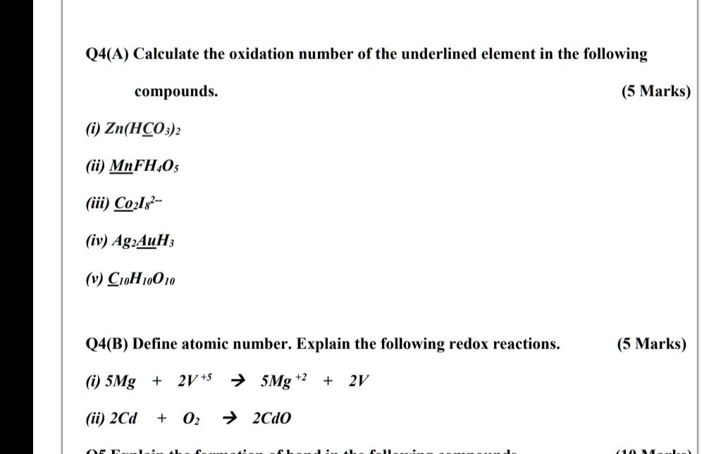 qaa calculate the oxidation number of the underlined element in the following compounds 5 marks ...
