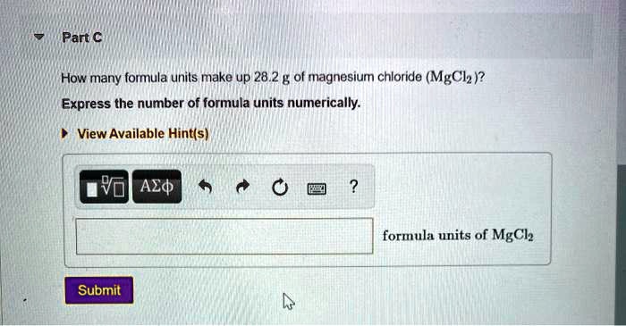 How many formula units make up 28.2 g of magnesium chloride (MgCl2 ... How many formula units make up 28.2 g of magnesium chloride (MgCl2 ...