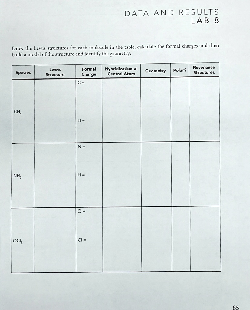 data and results lab 8 draw the lewis structures for each molecule in ...
