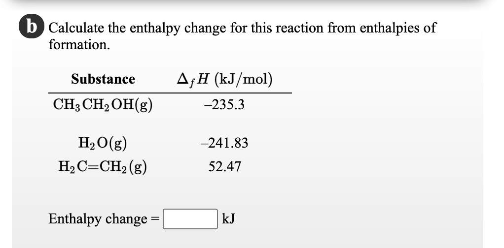 SOLVED: Calculate the enthalpy change for this reaction from enthalpies of formation. Substance ...