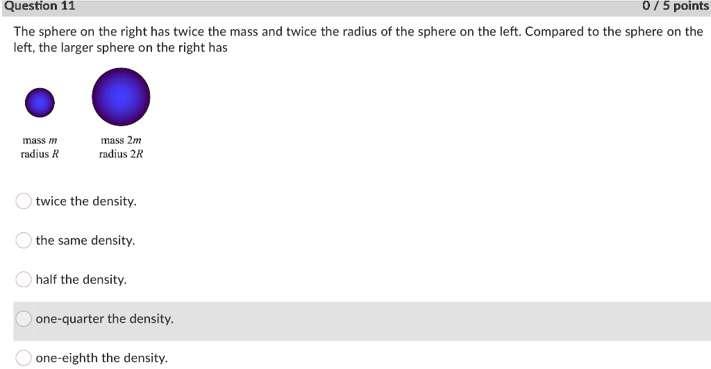 SOLVED: Question 11 0 / 5 points The sphere on the right has twice the mass and twice the radius ...