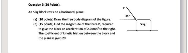 SOLVED: Question 3 (20 Points). A 5 kg block rests on a horizontal plane. (a) (10 points) Draw ...