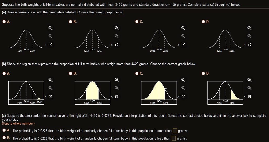 SOLVED: Suppose the birth weights of full-term babies are normally distributed wth mean 3450 ...
