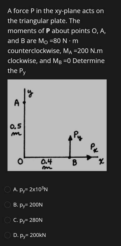 A Force P In The Xy Plane Acts On The Triangular Plate The Moments Of