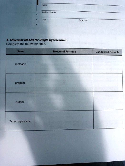 Name Student Number Date A. Molecular Models for Simple Hydrocarbons Complete the following ...