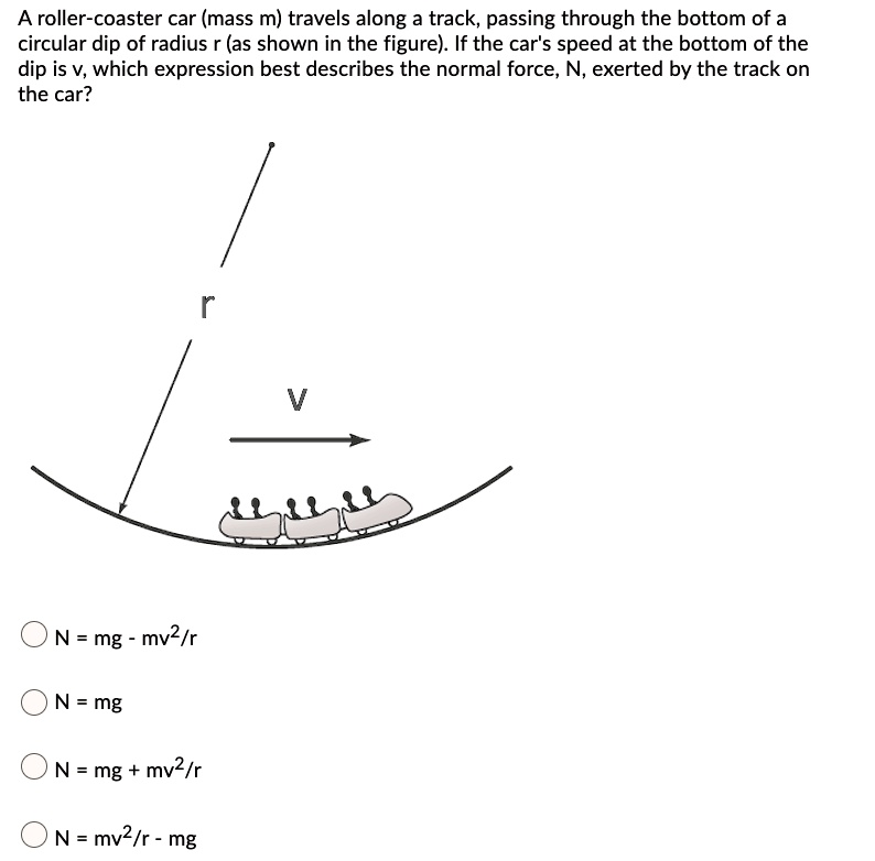 SOLVED: A roller-coaster car (mass m) travels along a track; passing through the bottom of a ...
