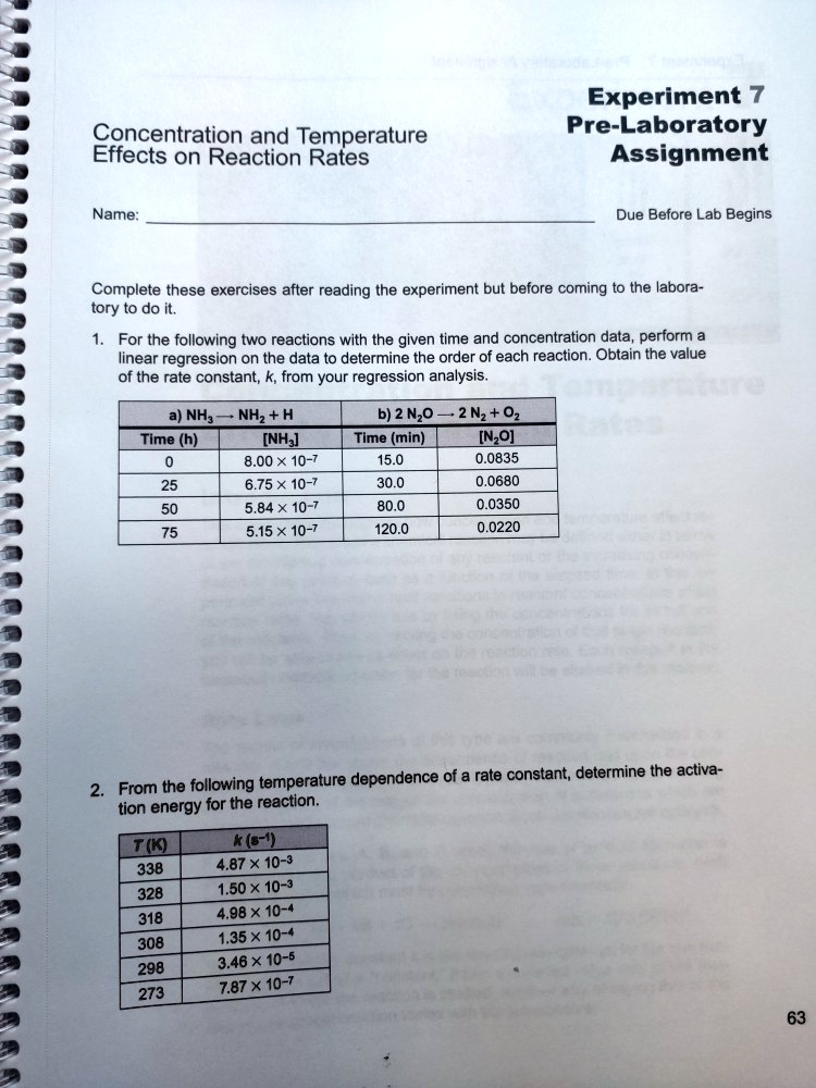 SOLVED: Experiment 7 Pre-Laboratory Assignment Concentration and Temperature Effects on Reaction ...