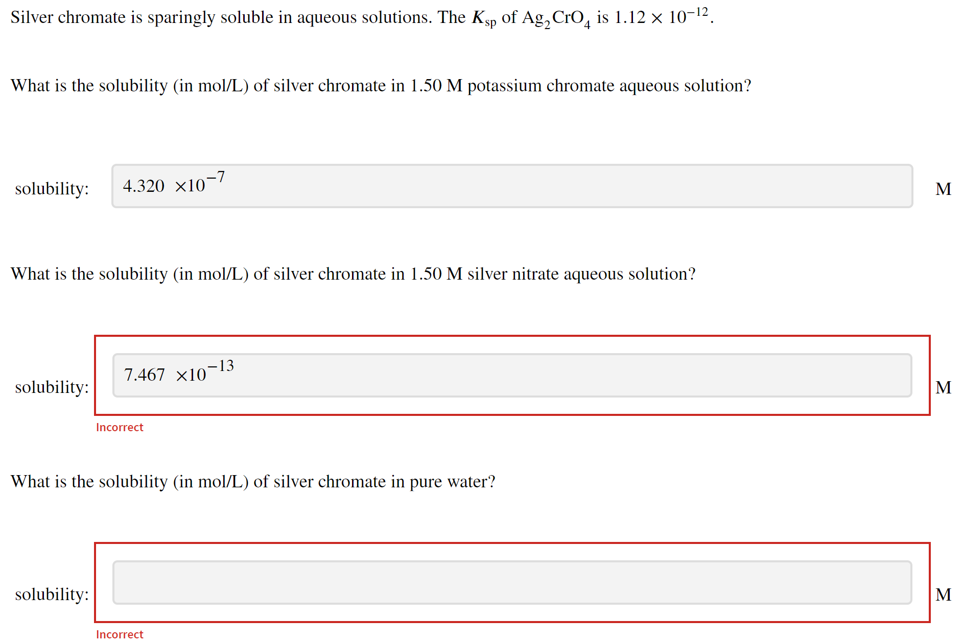 SOLVED: Silver chromate is sparingly soluble in aqueous solutions. The Ksp of Ag2CrO4 is 1.12 × ...