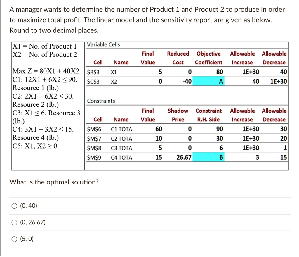 [GET ANSWER] A manager wants to determine the number of Product 1 and ...