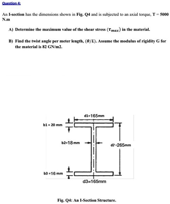 SOLVED: An F-section has the dimensions shown in Fig Q4 and is subjected to an axial torque T ...