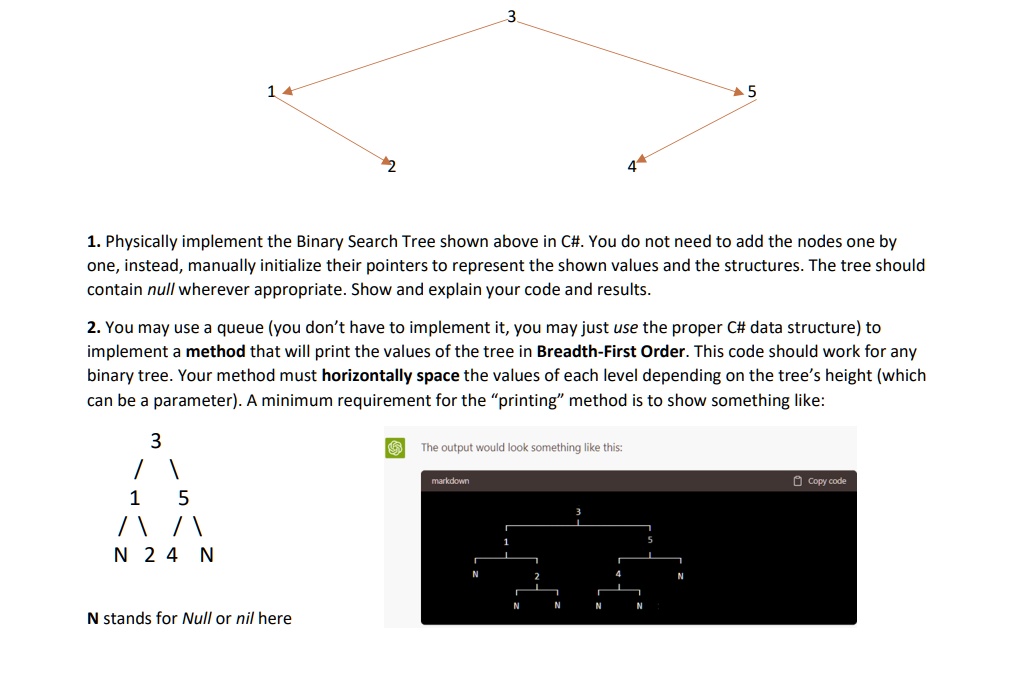 2 3 5 1. Physically implement the Binary Search Tree shown above in C# ...
