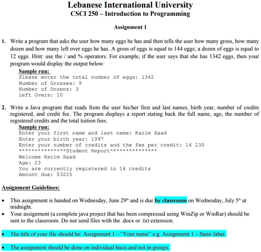 Lebanese International University CSCI250 - Introduction to Programming Assignment 1 1. Write a ...