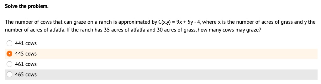 SOLVED: Solve the problem The number of cows that can graze on ranch is ...