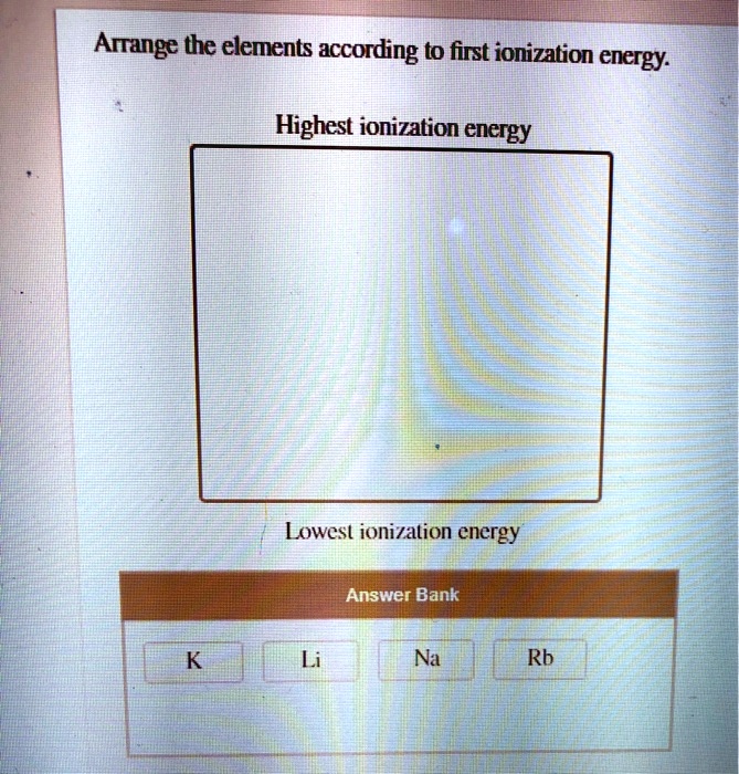 SOLVED: Arrange the elements according t0 first ionization energy: Highest ionization energy ...